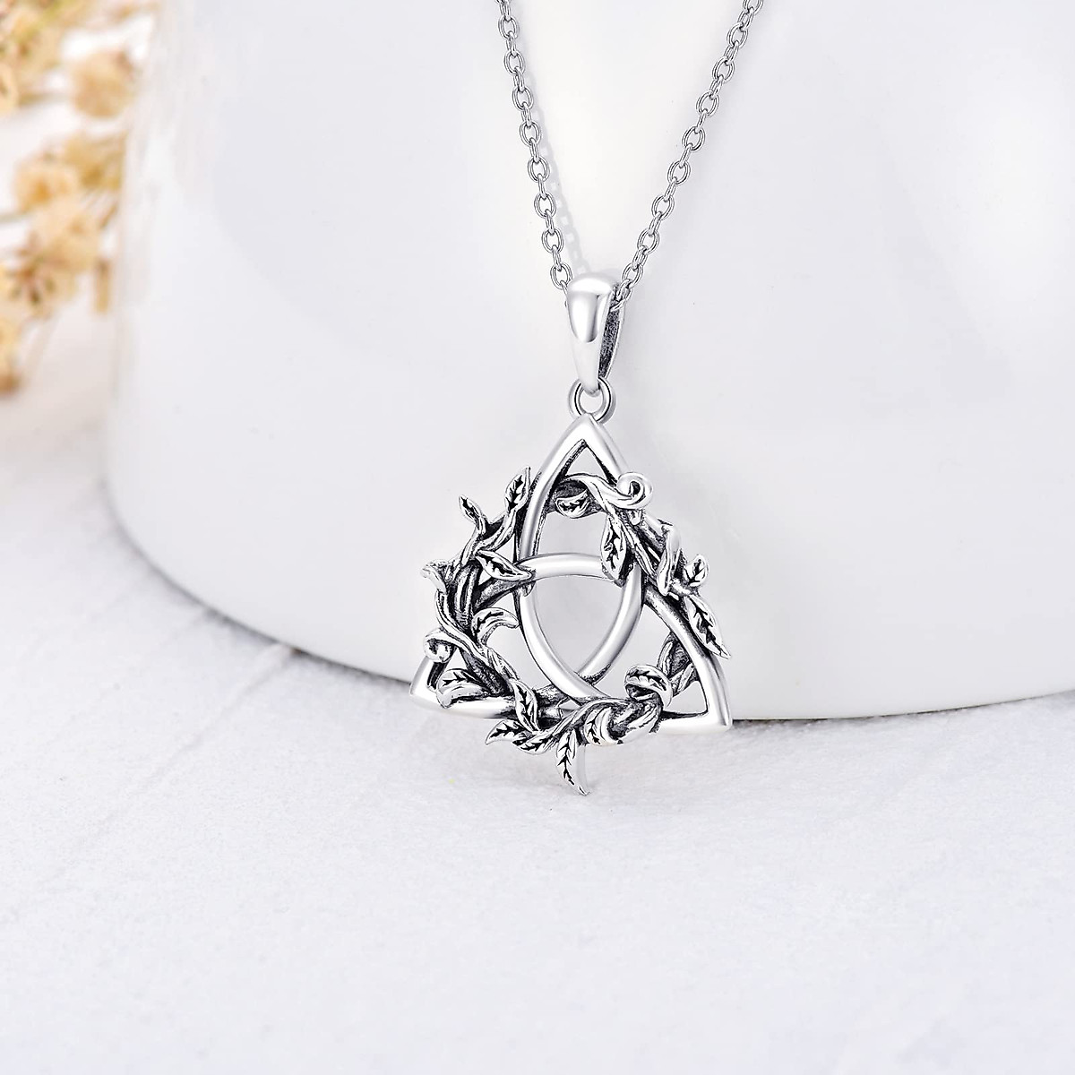 RMREWY Celtic Trinity Knot with Round Vine Necklace 925 Sterling Silver Jewelry Oxidized Good Luck Irish Triquetra Triangle Knot Holy Trinity Pendant Jewelry Mother's Day Gift For Women Mom