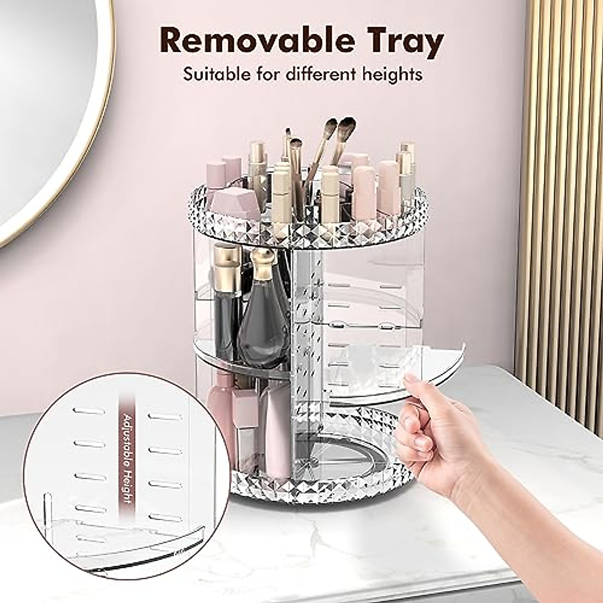 Rosoenvi Rotating Makeup Organizer, 360° Spinning Skincare Organizers, Adjustable Layer Cosmetic Storage Lazy Susan Makeup Organizers for Dresser Bathroom, Medium
