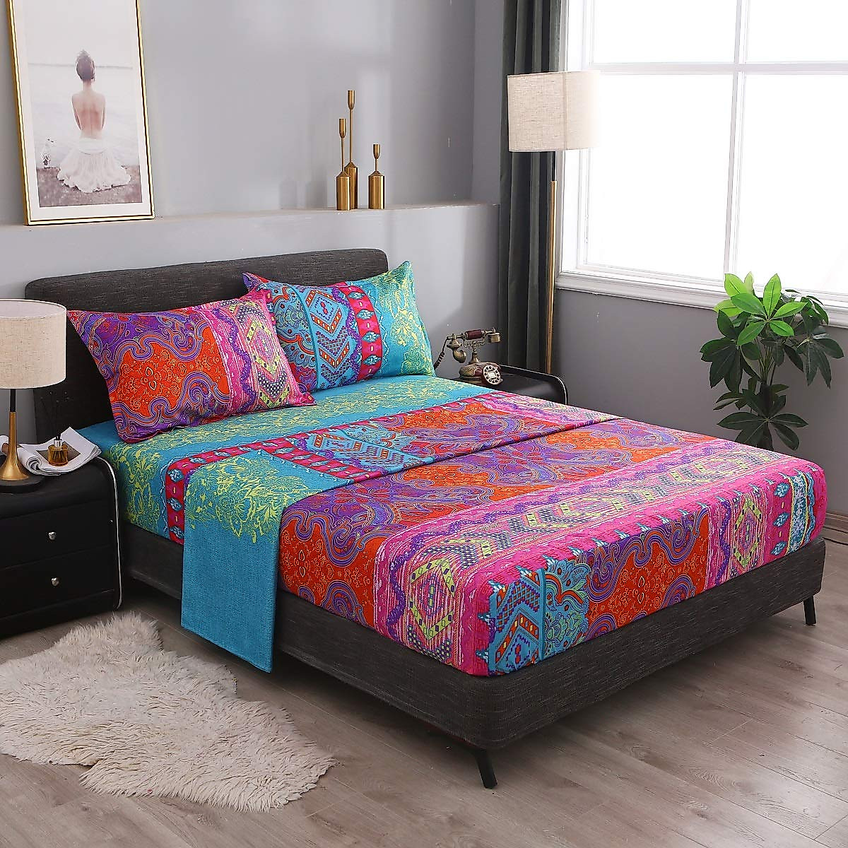 Pangzi Bohemian Retro Bedding Sheet Set,1 Fitted Sheet, 1 Flat, 2 Pillow Cases - 4 Piece (Full, Red)