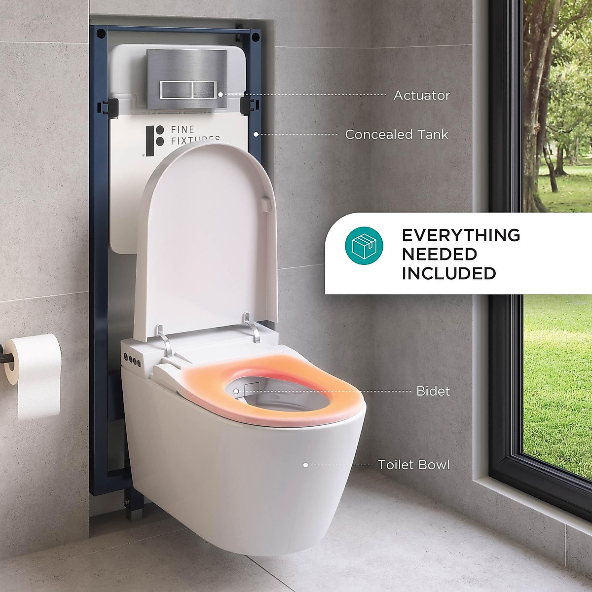 Aqueous In-Wall Smart Toilet Combo Set – Complete System with Toilet Bowl, Bidet Toilet Seat, Tank, Carrier for 2x4 Studs, Chrome Push Buttons, Round and Elongated Compatibility