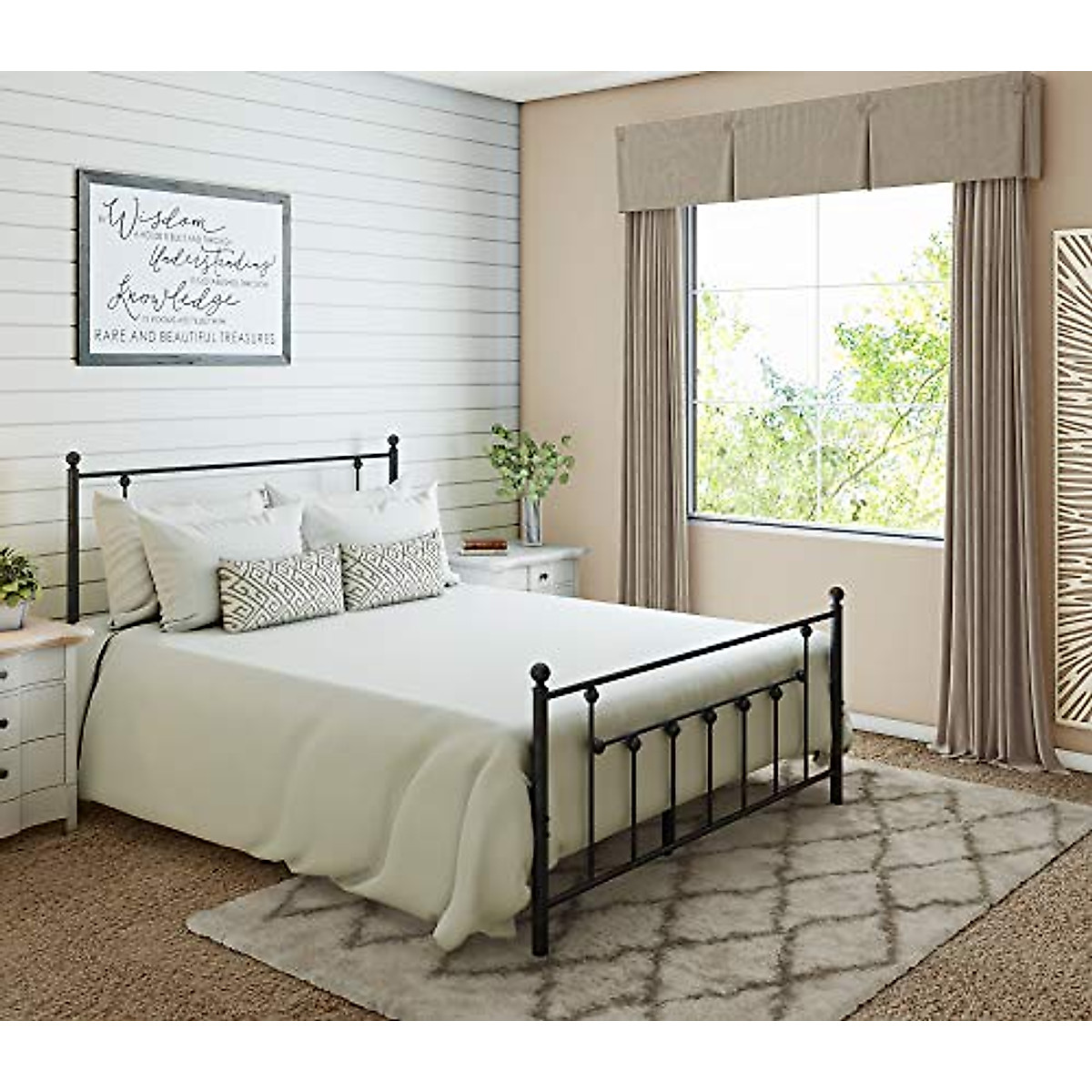 AMBEE21 Victorian Queen Metal Bed Frame with Headboard and Footboard Platform/Wrought Iron/Heavy Duty/Solid Sturdy Metal Slat/Black/No Box Spring Needed/Mattress Foundation/Under Bed Storage