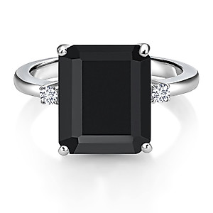 Gem Stone King 925 Sterling Silver 12X10MM Black Onyx and 2MM White Lab Grown Diamond 3 Stone Engagement Ring For Women | 5.85 Cttw | Gemstone December Birthstone | Size 7
