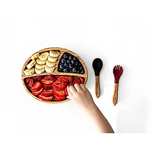 Avanchy Toddler Baby Plates Divided Bamboo, Suction for Babies Kids Toddler Food with Silicone Spoon for Feeding, Gray