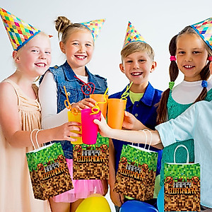 16pcs Pixel Party Favor Bags with Handle Paper Miner Gift Bags Candy Bags Goodie Treat Bags for Mining Pixel Video Game Party Decorations Birthday Party Supplies