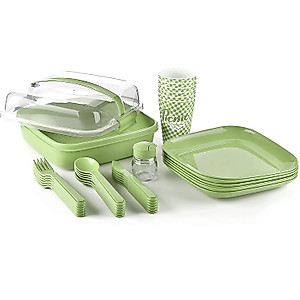 Tribello Camping Picnic Dishes Set with Case, (Set for 6) 32 Plastic Reusable Cutlery Set - BPA Free - Microwave / Dishwasher Safe