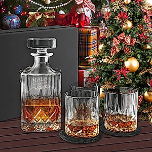 Whiskey Decanter and Glasses Set Crystal Bourbon Decanter Set with 4 Whiskey Glasses for Liquor Scotch Rum Vodka Gifts for Men Dad Husband Birthday Anniversary Plus 4 Free Coasters