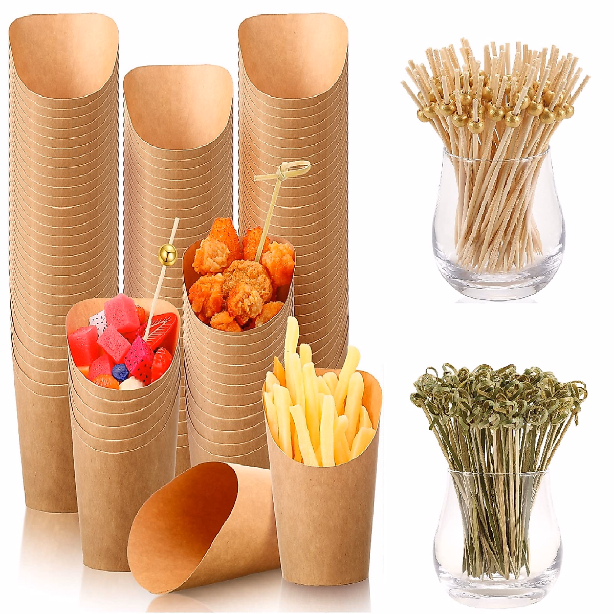 500 Pcs Disposable Charcuterie Cups with Cocktail Picks Set, 100 Pcs 12 oz Kraft Brown Appetizer Cups French Fry Holder Popcorn Ice Cream Paper Cones for Food Containers with 400 Pcs Bamboo Skewers