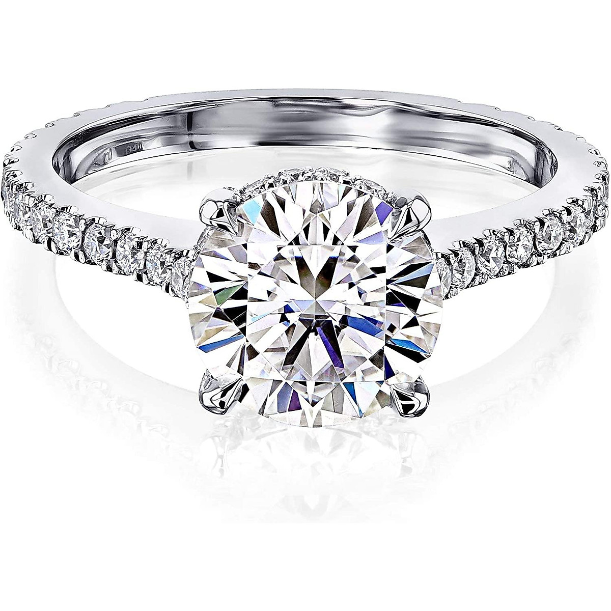 VINSON 2 Carat Round Moissanite E-F Color Fancy Hidden Halo Engagement Ring for Women (5, 14K White Gold Plated)