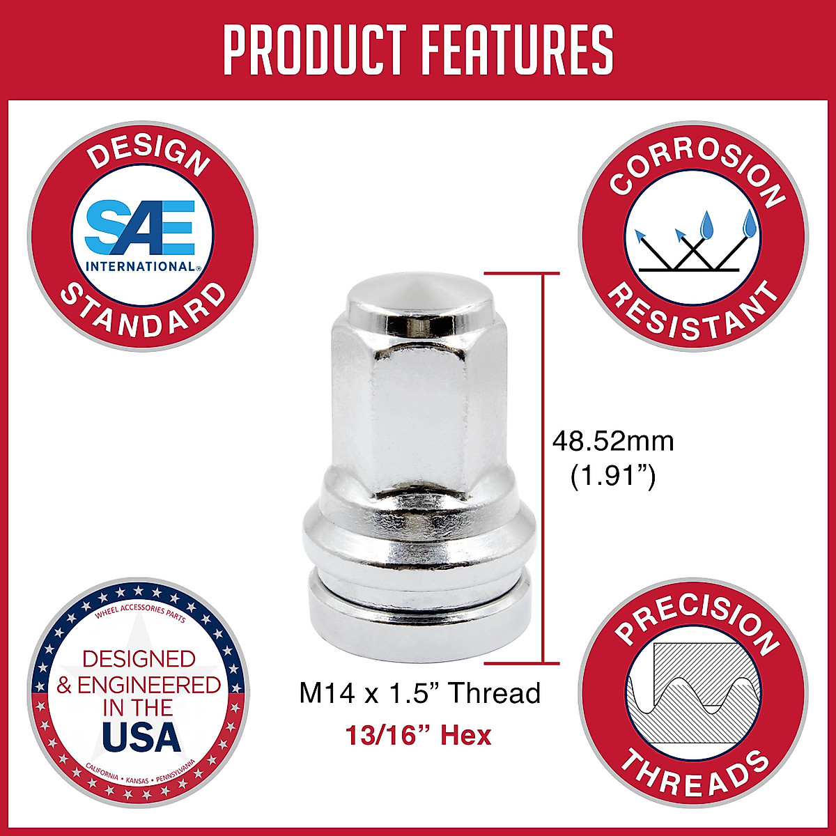 Wheel Accessories Parts 32 Pcs M14x1.5 14x1.5 Thread OEM Factory Style Lug Nuts 1.91" Long Chrome 13/16" 21mm Hex Hex Fits Ford 2017+ F-250 | 2017+ F-350 HCPZ-1012-B | HCPZ-1012-A |611-930