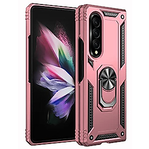 IKAZZ Galaxy Z Fold 3 Case,Samsung Z Fold 3 Cover Military Grade Shockproof Heavy Duty Protective Phone Case Pass 16ft Drop Test with Magnetic Kickstand for Samsung Galaxy Z Fold 3 Rose Gold