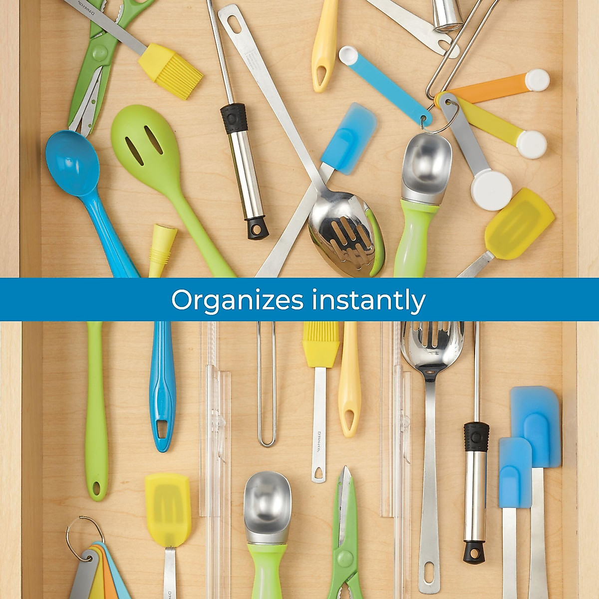 iDesign Plastic Adjustable Deep Drawer Divider, Kitchen, Dresser, Desk, Bathroom and More, The Linus Collection – Set of 4, Expandable 13.25” – 20.75”, Clear