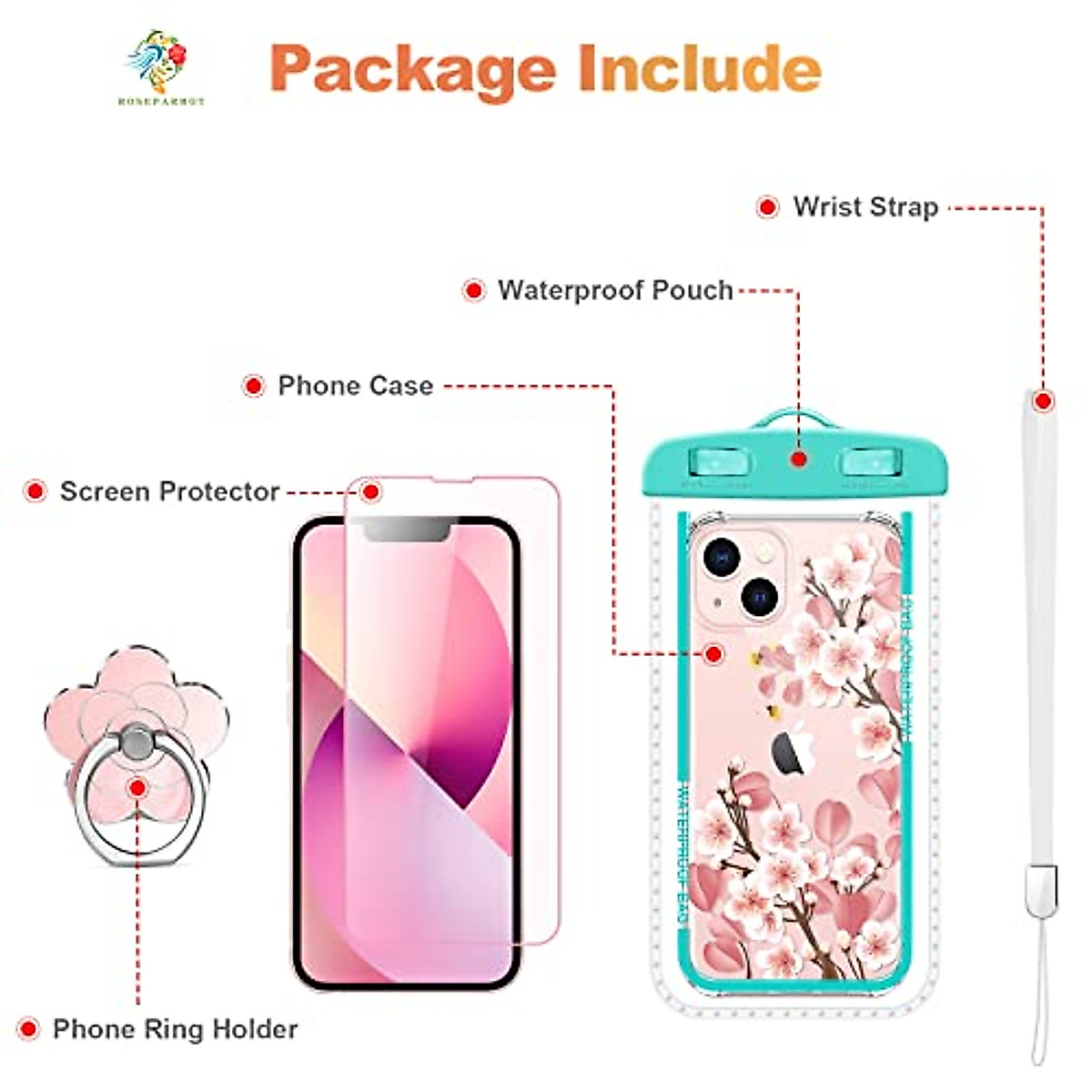 RoseParrot Designed for iPhone 13 Case with Screen Protector + Ring Holder + Waterproof Pouch, Clear with Floral Pattern Design, Soft&Flexible Bumper Shockproof Protective Cover （Fireflies）