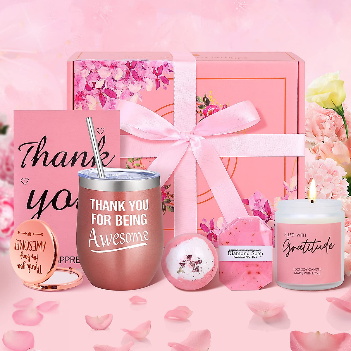 Thank You Gifts Box for Women, Thoughtful Unique Spa Appreciation Gift Basket for Coworker Boss Employee Hostess Teacher Secretary Nurse Volunteer Doctor Friend, Best Gratitude Gifts for Her (Pink)