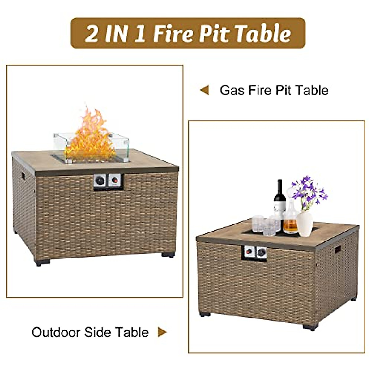 Kinsunny 32 inch Propane Fire Pit - Outdoor Patio Square PE Rattan Wicker Gas Fire Table(40,000 BTU),with Free Lava Rocks & Glass Wind Guard for Garden, Lawn