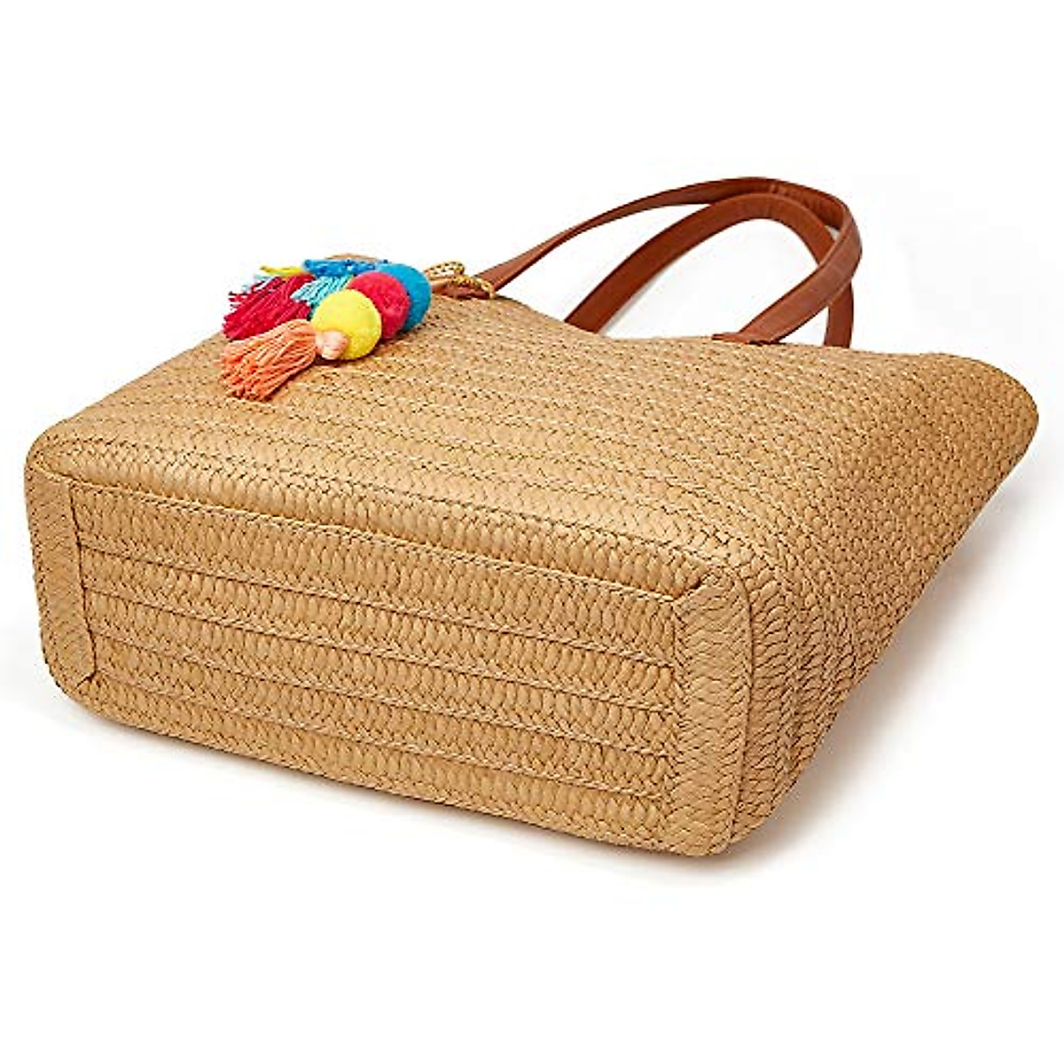 Obosoyo Straw Bags Beach Bag for Women Large Round Wicker Tote Bags Pompom Shoulder Bag Summer Purse (D-Khaki)