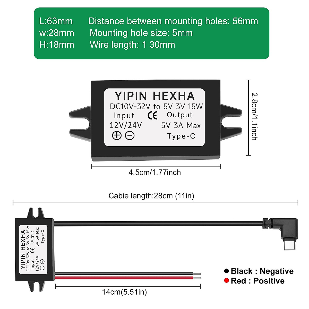 YIPIN HEXHA DC 24V/12V to 5V USB Type-C Right Angle Step Down Converter Output 3A 15W Buck Module Power Adapter, Compatible with Raspberry Pi 4, Mobile Phones