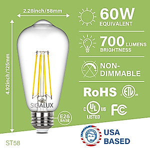 Sigalux Edison Bulbs, E26 LED Bulb ST58 Filament Clear Non-Dimmable Vintage Light Bulbs 60W Equivalent 700LM Daylight White 5000K 15, 000hrs 6 Pack