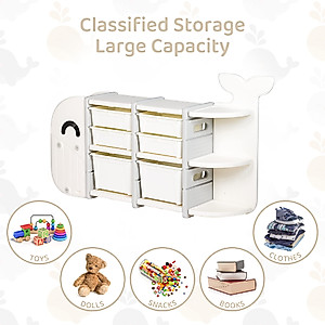 duke baby Kids Small 3 Layer Toy Storage Organizer with 6 Pull-out Storage Bins, Display Bookshelves, Multipurpose Toy Cabinets for Kids Playrooms Bedrooms Age 1-12, Whale Collection White Grey