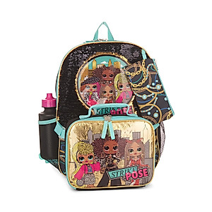 LOL Dolls 5 Piece Backpack Set for Girls, Brush Glitter Sequin School Bag with Front Panel and Mesh Pockets, Insulated Lunch Box, Water Bottle, Pencil Case and Hair Scrunchie, Black and Gold
