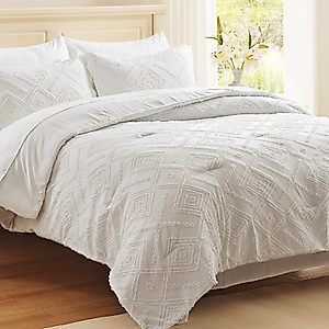 EMME White Duvet Cover Queen, Tufted Microfiber Comforter Cover Set, Textured Boho Bedding Sets Queen for All Seasons, 3 Pieces Duvet Cover Full, 1 Duvet Cover + 2 Pillowcases (White, Queen)