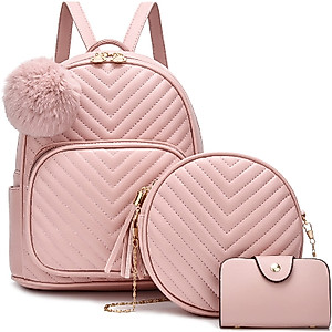 I IHAYNER Mini Backpack for Women 3-PCS Leather Backpack Purse Small Backpacks for Women Ladies Pompom Backpack Shoulder Bag Pink