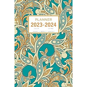 Planner July 2023-2024 June: 6x9 Medium Notebook Organizer with Hourly Time Slots | Creative Ethnic Flower Design Teal
