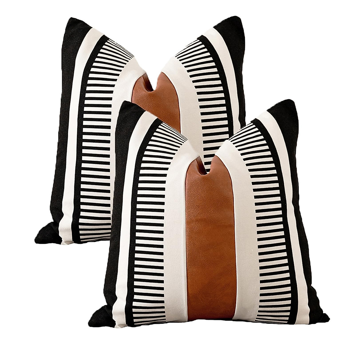 Vfuty Set of 2 Striped Boho Throw Pillow Covers 16x16 inch, Modern Leather Pillow Cover for Couch Sofa Bed, Farmhouse Decor Patchwork Accent Pillowcase, Black