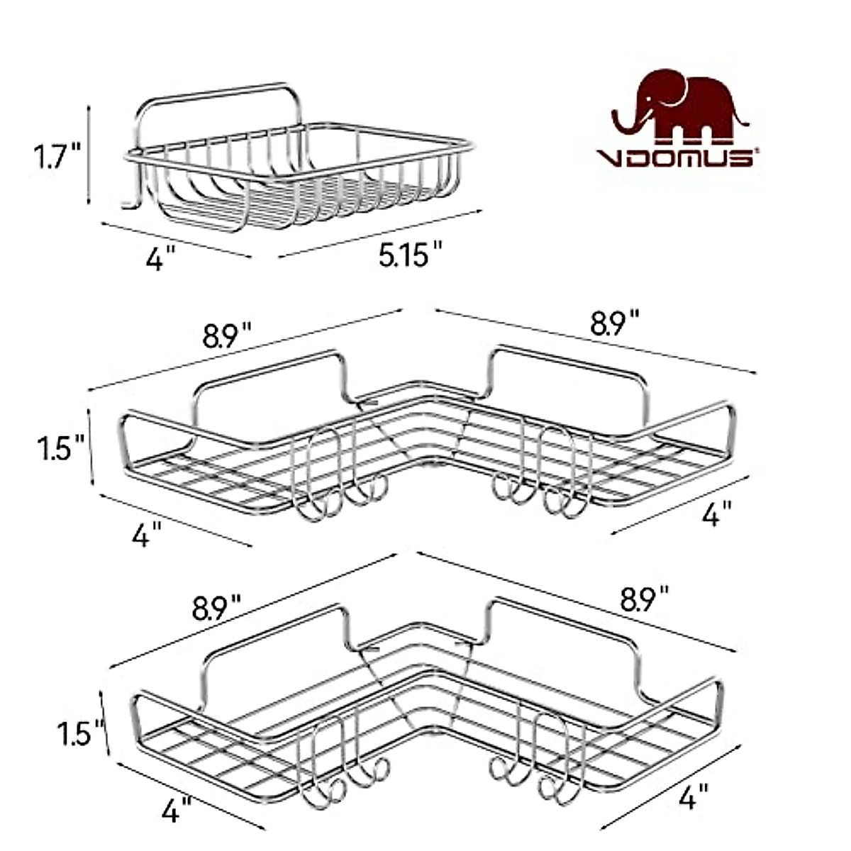 Vdomus Corner Shower Caddy Shelf, No Drilling Traceless Adhesive Rust Proof Stainless Steel Shampoo Holder with Soap Holder, Bathroom Organizer Wall Shelf Basket Rack with Hooks, 3 Pack