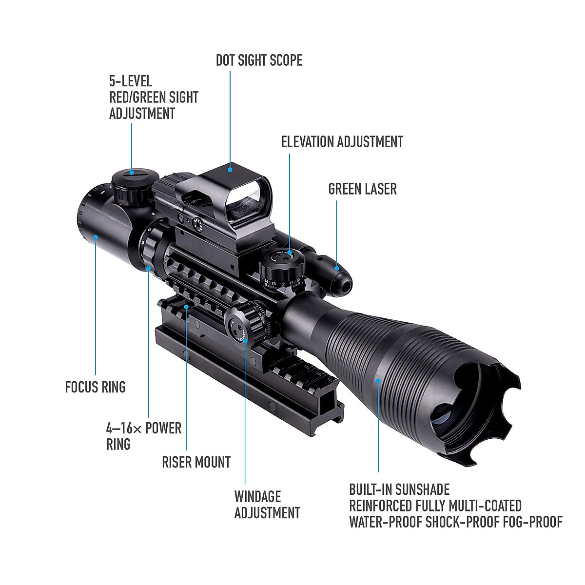 PINTY Rifle Scope Red Dot Laser Combo — 4in1 Gun Set with 4-16x50 Illuminated Hunting Scope, Green/Red Dot, Green Laser Sight, Pic Riser — Tactical Scope and Laser for Shooting Airsoft More, Black