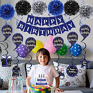 Birthday Decorations Blue Black, Happy Birthday Party Decorations for Men Women Boys Girls, Happy Birthday Banner, Double-Sided Bday Pattern Card, Birthday Sash, Pompoms, Hanging Swirl Bday Decor Set