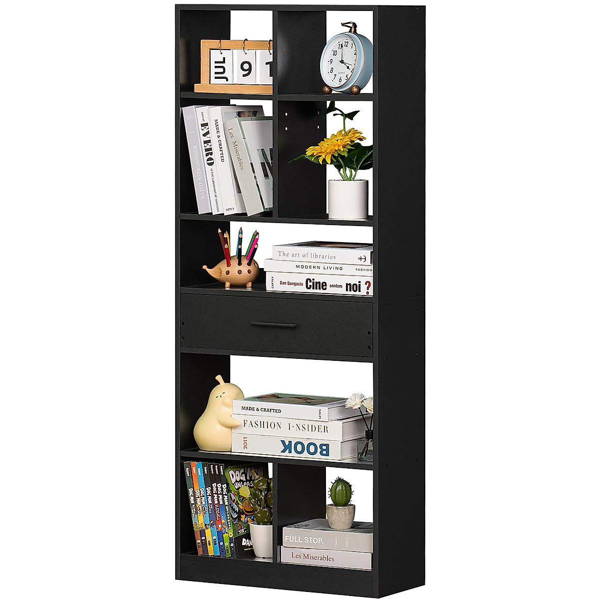 LELELINKY 6 Tier Open Bookshelf Mid Century Modern Bookcase, Wood Book Shelf with 8 Cubes and a Drawer, Floor Freestanding Bookshelves Cube Storage Organizer for Bedroom, Living Room, Office (Black)