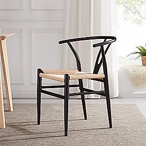BELLEZE Black Kitchen Dining Room Chairs Set of 2, Modern Wishbone Indoor Dining Chairs with Mid-Century Metal Curved Backrest, Natural Weave Hemp Seat - Sorrento (Black)