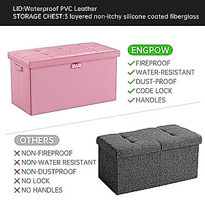 ENGPOW Storage Ottoman Bench,Fireproof Folding Storage Bench with Lock,30 Inches Fire＆Water Resistant Storage Chest Foot Rest Stool Leather Bedroom Bench with Storage Safe for Document,Valuables,Pink