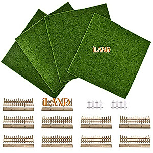 iland Fairy Garden Miniatures of Artificial Grass 4 Sheets 11.8"x 11.8" w/ 10pcs Miniature Fences & 2 Fence Doors & 1 Sign, Fake Grass for Crafts & Dollhouse Garden