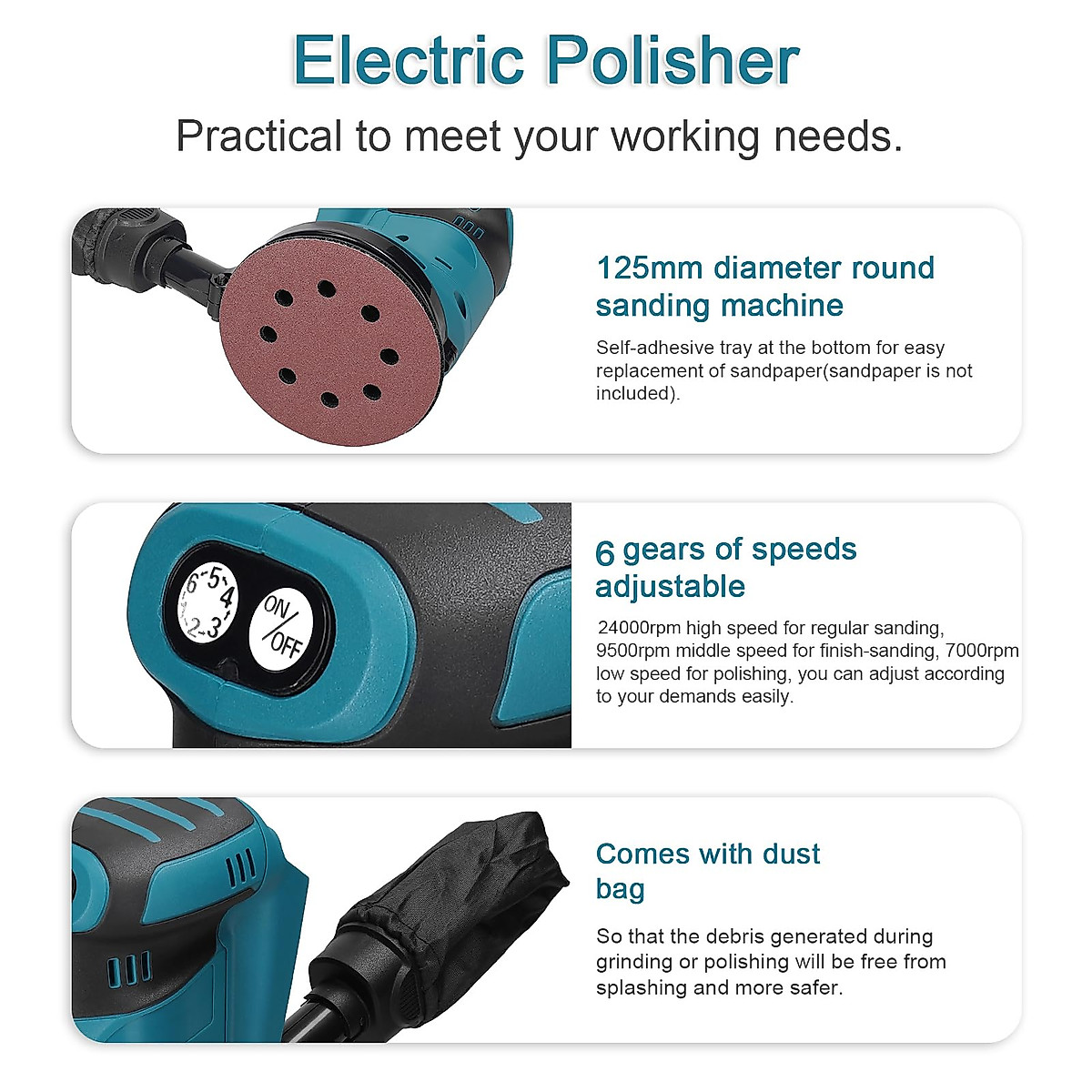 Random Orbit Sander, Weytoll 5'' Brushless Random Orbit Sander, Cordless Orbital Sander, Storage Bag, max. 24000RPM, 6 Speed variable Orbital Sander, Tool Only