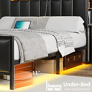 Alohappy Queen Bed Frame with Storage Headboard & Charging Station, PU Leather Platform Bed Frame Queen Size with LED Lights and Hidden Storage, Heavy Duty Metal Slats, No Box Spring Needed, Black