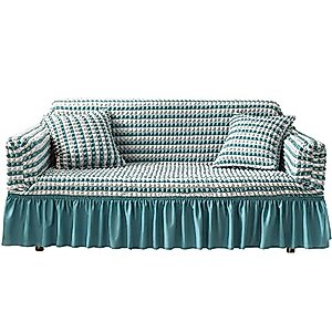 OQOPO Seersucker Sofa Covers for 1/2/3/4 Seater,Sofa Slipcover with Skirt,Universal Washable Stretch Sofa Cover Furniture Protector (Color :Light Blue,Size :4 Seater)