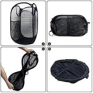 Plehoth Mesh Popup Laundry Hamper Large Collapsible Laundry Basket Width Side Pocket & Handles Foldable Clothes Hamper for Collage Dorms, Kids Rooms or Travel (Black)