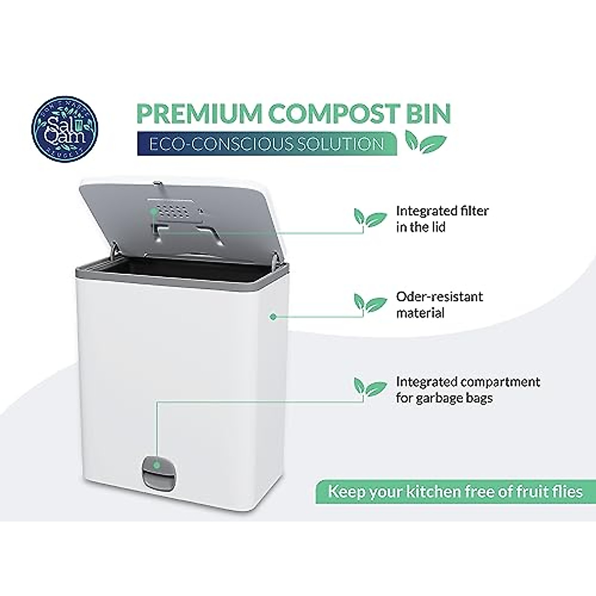 SALQAM Compost Bin for Kitchen - Lightweight & Stable Indoor Compost Bin - 10 L /2.4 Gallon Capacity - Removable Inner Bucket Kitchen Compost Bucket