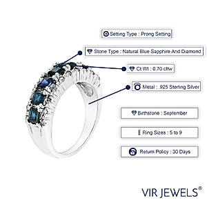 Vir Jewels 0.70 cttw Blue Sapphire and Diamond Ring .925 Sterling Silver Rhodium Princess Size 6