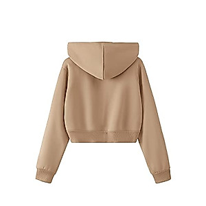 SweatyRocks Women's Long Sleeve Drawstring Full Zip Hooded Jacket Crop Sweatshirt Khaki L