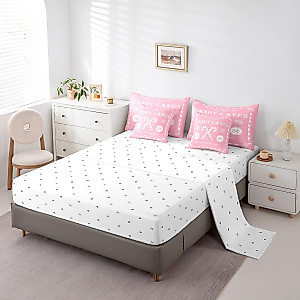 Feelyou Christmas Bedding Set 7 Pieces King Size Kids Christmas Quote Bedding Set Teens Candy Canes Print Comforter Set Xmas Pink White Bed in a Bag （Comforter, Sheets, Pillowcases & Cushion Covers）