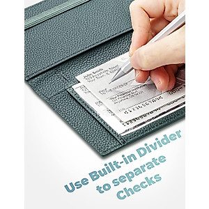 Yarnic Checkbook Cover for Personal Checkbook, Checkbook Holder with Pen Holder & Built-in Clear Plastic Divider for Duplicate Checks (Vert Gris)