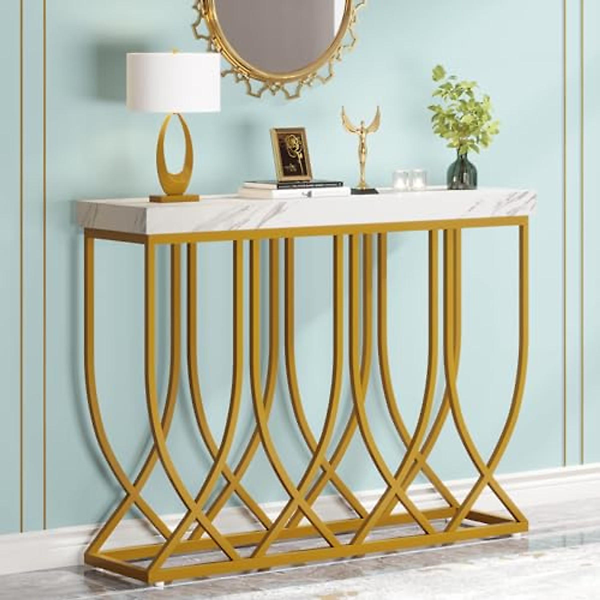 Tribesigns Gold Console Table, Modern Faux Marble Veneer Entryway Foyer Table, 39.4” Narrow Sofa Accent Table with Geometric Metal Legs for Living Room, Hallway, Entrance, White & Gold