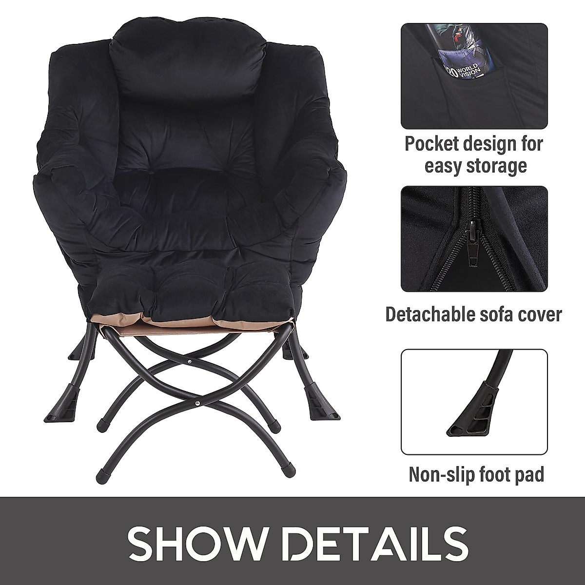 LITA Lazy Chair with Ottoman, Modern Accent Leisure Upholstered Sofa Chair, Contemporary Lounge Reading Chair with Armrests and a Side Pocket for Living Room, Bedroom & Small Space, Black