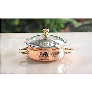 IndianArtVilla Steel Copper Handi Bowl with Brass Handle & Glass Lid, Serving Indian Dishes, 24 OZ