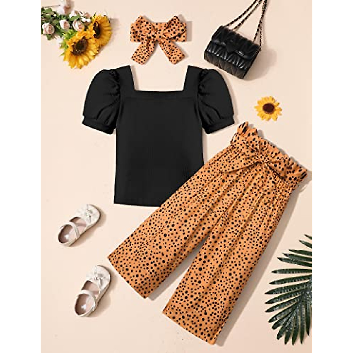 DONWEN Girls Clothes Size 7 8 Kids Clothes Girls Square Neck Short Sleeve Top + dot Wide Leg Pants Spring Summer Girls Outfit Set