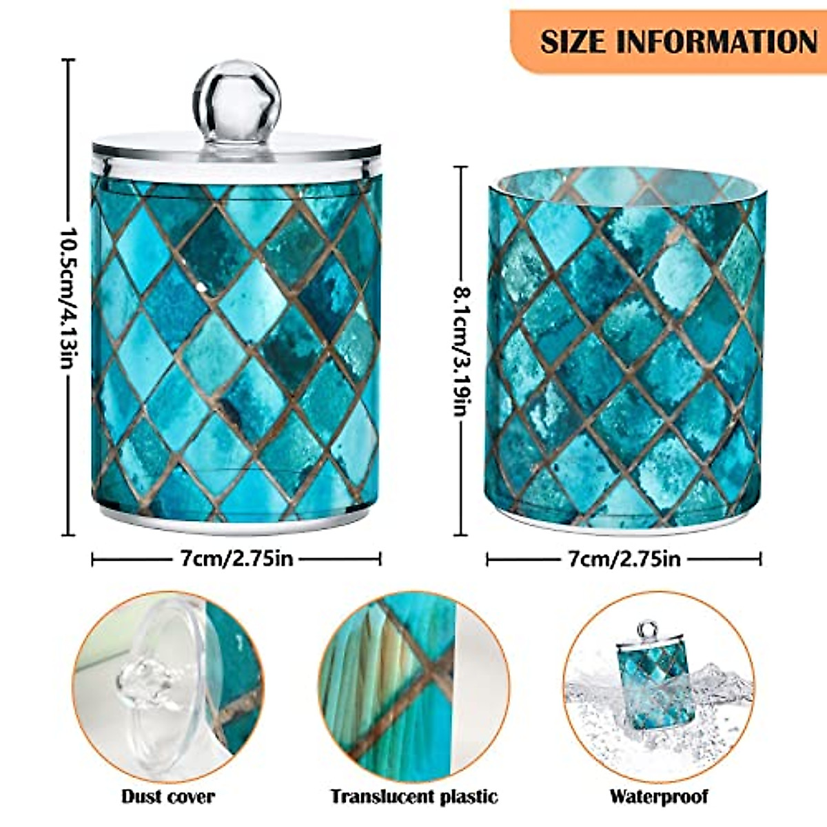 JUMBEAR 4 Pack Turquoise Grey Qtip Holder Dispenser with Lid, 14 oz Clear Plastic Apothecary Jar Set for Bathroom Vanity Organizers Storage Containers