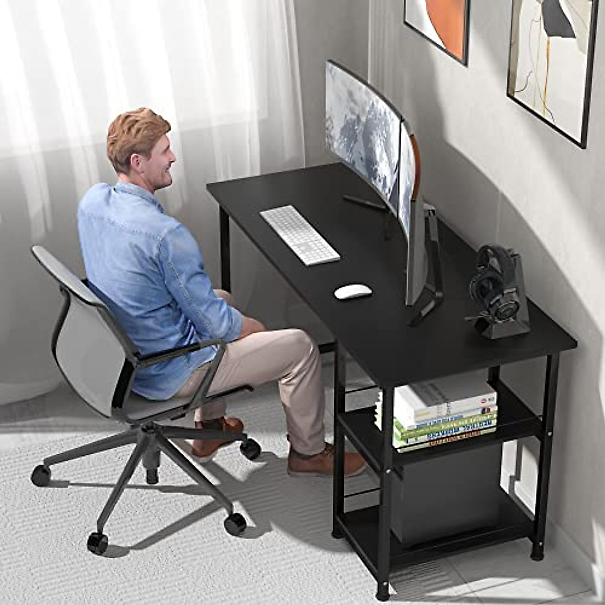 MASAKA B&W Office Home Desk with 2 Shelf for Writing Room, Large Operating Surface 55.2" Computer Desk with Sturdy Wooden Storage Shelf, Bookshelf Study Desk, Home Office Table for Living Room