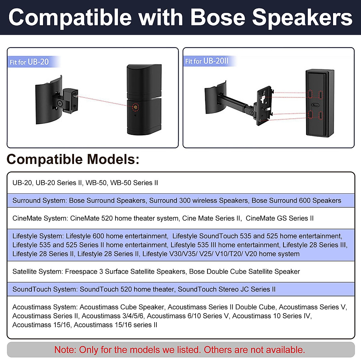 (2 Pack) Adjustable Speaker Wall Mount for Bose Cube Speaker, Ceiling & Wall Mount for Bose UB-20, UB-20 Series II, WB-50 II, Lifestyle Series, Soundtouch Series, Cinemate, Acoustimass Series Black